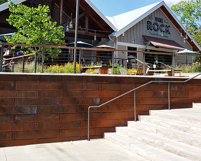The Rock stands proud in Springfield, its modern-rustic exterior and inviting patio practically shouting, "Come in, we've got something delicious waiting for you!"