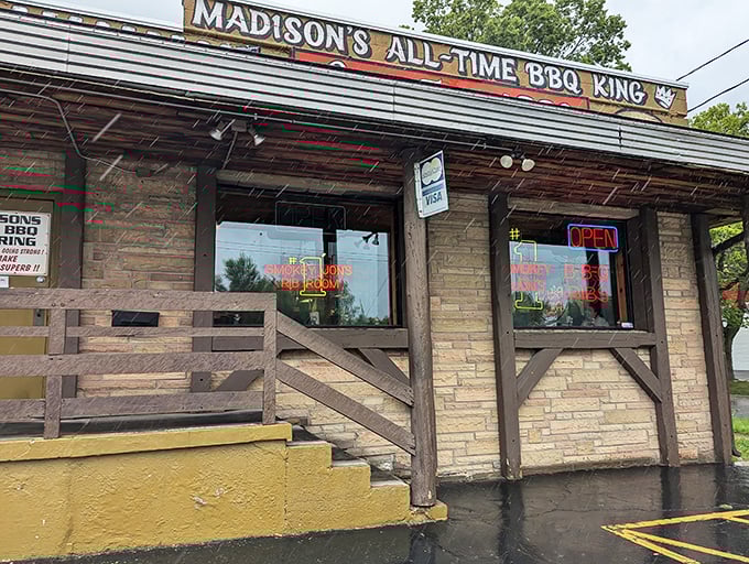 The modest exterior proudly declares its royal status: "Madison's All-Time BBQ King." In barbecue, as in life, it's what's inside that counts.