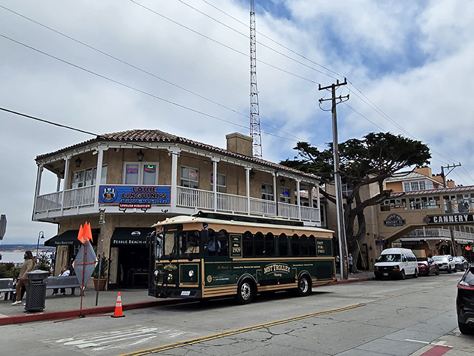 The historic trolley passing by Louie Linguini's feels like a time machine to Monterey's cannery days&mdash;except with better food options now.