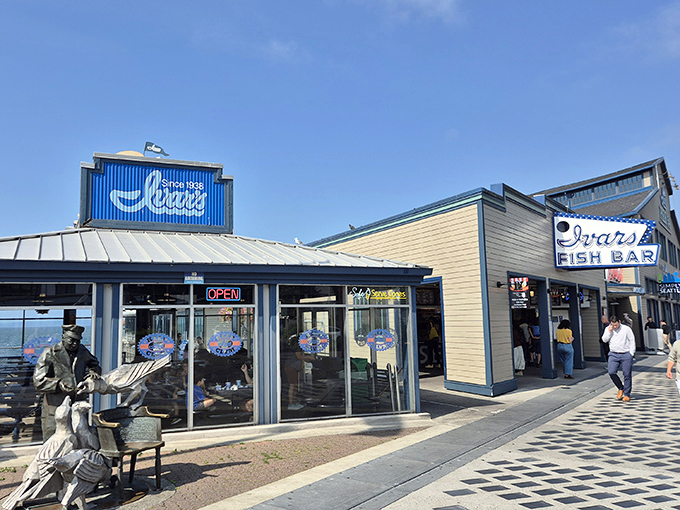 The iconic blue signage of Ivar's stands proudly on Seattle's waterfront, a beacon for seafood lovers like a lighthouse for hungry sailors.