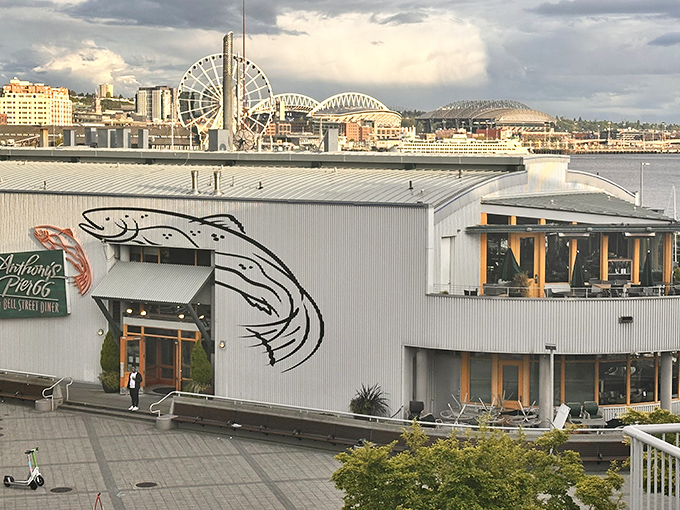 The giant salmon mural practically leaps off the building, promising the real thing inside tastes even better.