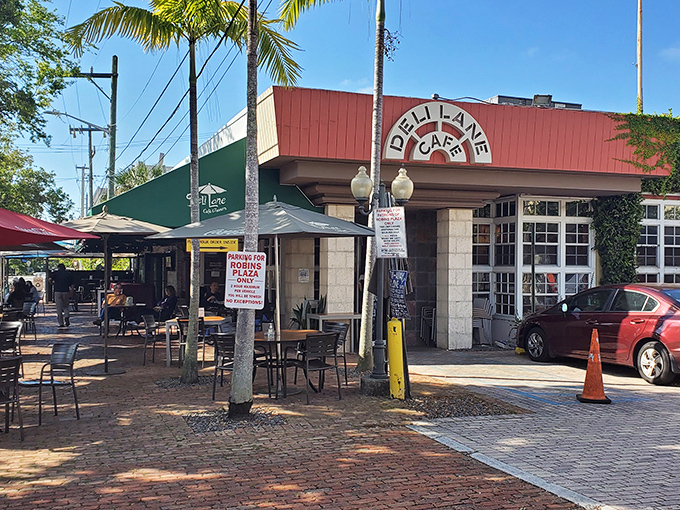 South Florida sunshine bathes the charming brick patio where locals gather for morning feasts. Palm trees and parasols create the perfect breakfast backdrop.