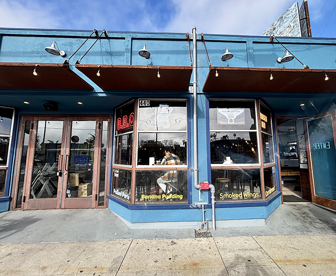 The unassuming blue storefront of Baby Blues BBQ in Venice &ndash; where barbecue dreams come true without any fancy pretensions.