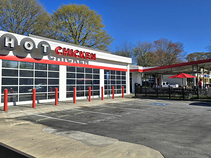 The unmistakable white and red exterior of Hattie B's beckons chicken pilgrims to this temple of Nashville-style heat in Atlanta's Little Five Points.