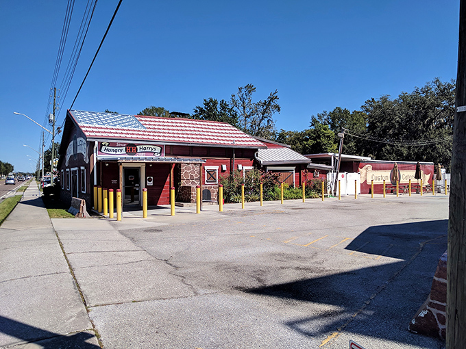 The purple barn-like exterior of Hungry Harry's stands as a beacon of BBQ authenticity. No fancy frills, just the promise of smoky deliciousness waiting inside.