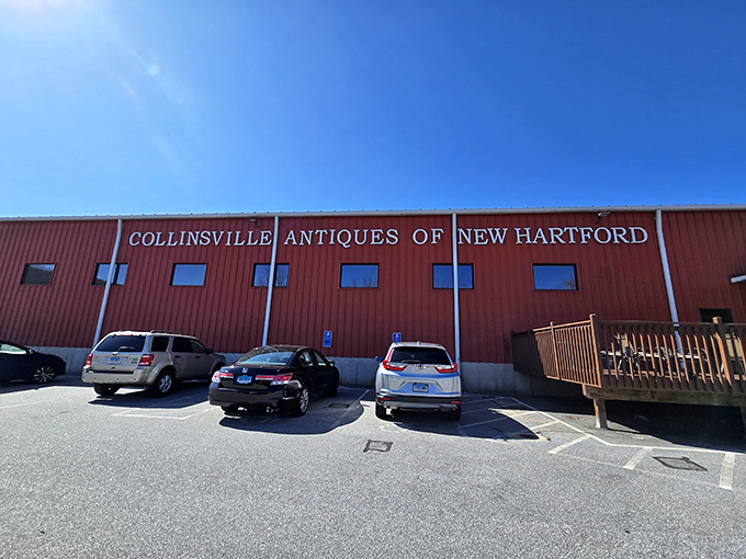 The unassuming red exterior of Collinsville Antiques Co &ndash; like finding a treasure chest disguised as a barn. What wonders await inside those walls!