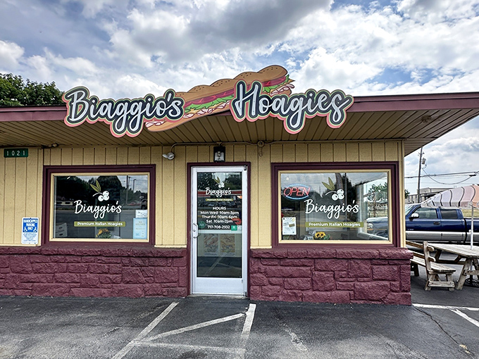 The humble exterior of Biaggio's belies the sandwich magic happening inside. That sign isn't just decoration&mdash;it's a promise of deliciousness to come.