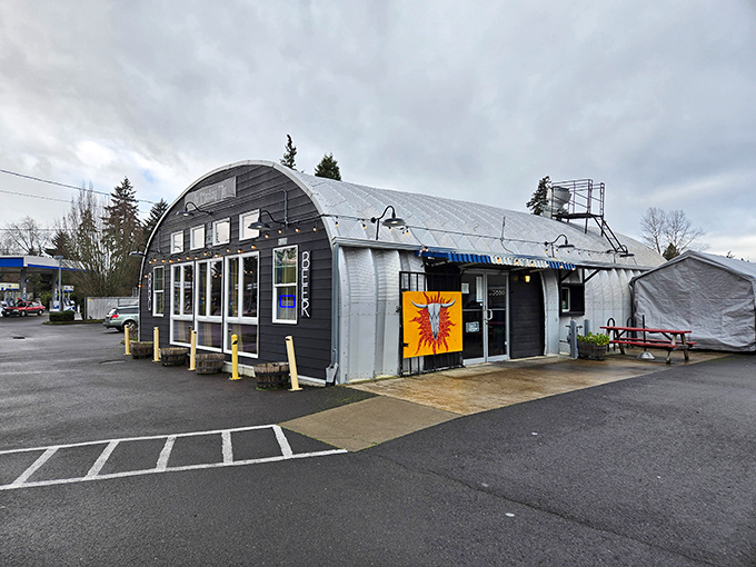 The Smoking Jay's distinctive quonset hut silhouette stands out like barbecue royalty against Oregon's gray skies, promising smoky treasures within.