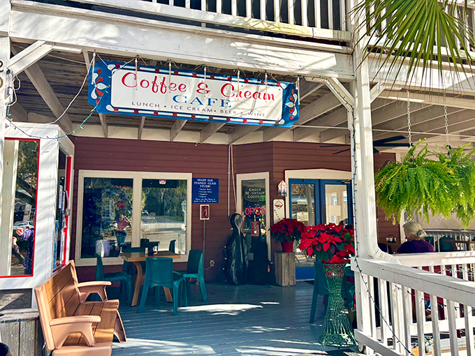 The inviting porch of Coffee & Cream Caf&eacute; feels like a warm Southern welcome&mdash;colorful chairs, swaying palms, and the promise of good coffee and even better conversation.