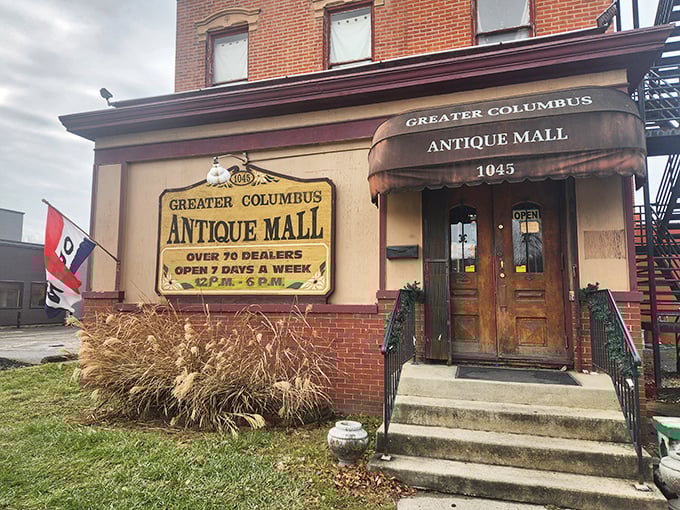 Bathed in golden evening light, the Greater Columbus Antique Mall stands as a beacon for treasure hunters, its vintage character preserved in every brick and cornice.