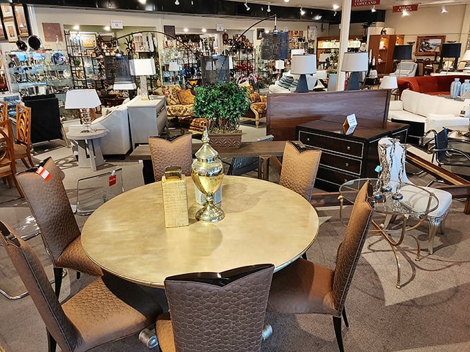 A treasure hunter's paradise where elegant dining sets await their second act. That gold table could have hosted anything from family Thanksgivings to high-stakes poker nights.