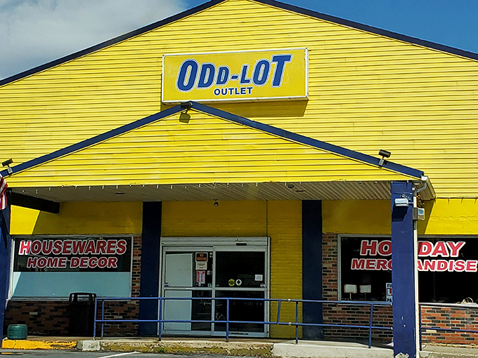 The bright yellow exterior of Odd-Lot Outlet stands out like a beacon of hope for bargain hunters in Tannersville's retail landscape.