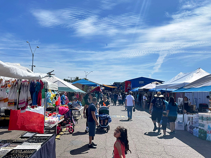 Blue skies and bargain hunters converge in this shopper's paradise, where canopies create a colorful patchwork against Arizona's desert backdrop.