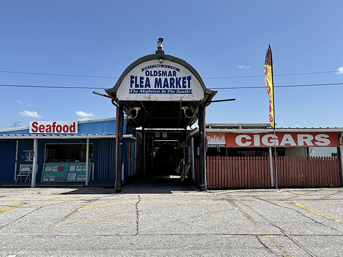 The gateway to bargain paradise! Oldsmar Flea Market's iconic entrance promises seafood on one side, cigars on the other, and endless treasures in between.