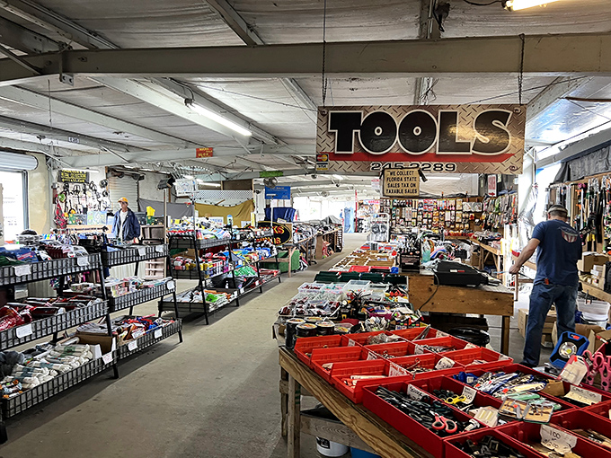 Tool heaven awaits the handy and hopeful alike. Red bins of organized chaos promise weekend projects and spouse-impressing potential.