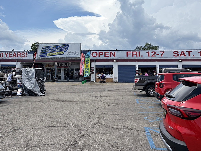 The iconic red, white, and blue sign beckons treasure hunters like a patriotic lighthouse guiding ships to shore. Free admission and parking? Now that's the American dream!