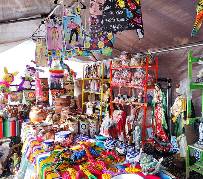 A kaleidoscope of Mexican folk art and devotion &mdash; hand-painted pottery, bright textiles, and sacred statues come together in a display Frida herself would admire.