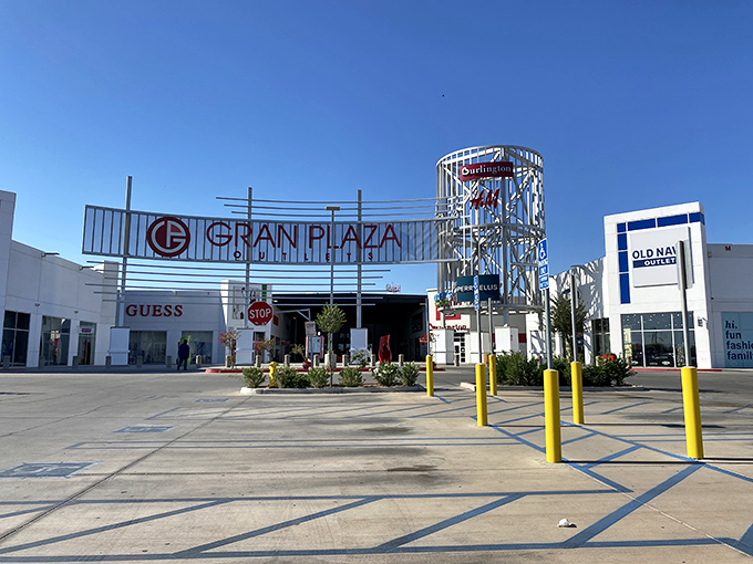 The iconic white fa&ccedil;ade and distinctive tower of Gran Plaza Outlets stand like a retail oasis in Calexico, beckoning bargain hunters from both sides of the border.