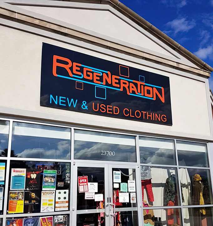 The retro-futuristic sign beckons like a portal to fashion's past and future. Regeneration isn't just a name&mdash;it's a promise.