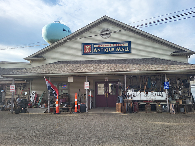The unassuming exterior of Walnut Creek Antique Mall belies the wonderland within. That water tower isn't the only thing towering over your expectations.