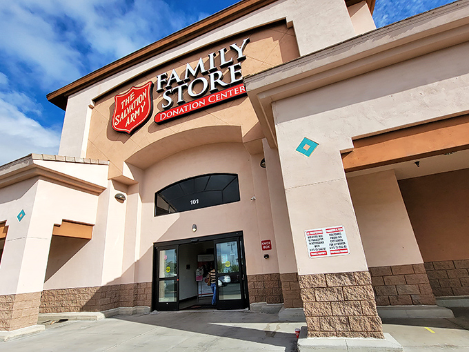 Bathed in Arizona sunshine, the Family Store's entrance promises air-conditioned relief and treasure hunting adventures for savvy shoppers.
