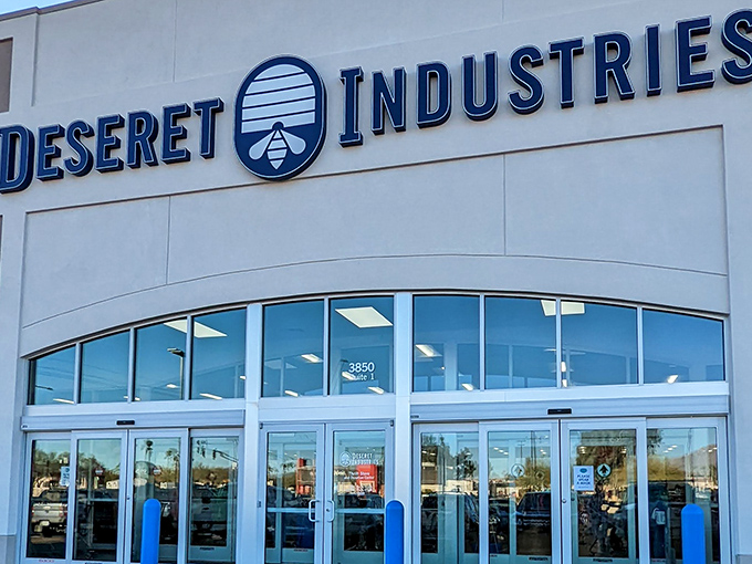 The gleaming facade of Deseret Industries in Tucson beckons bargain hunters like a retail oasis in the desert heat.
