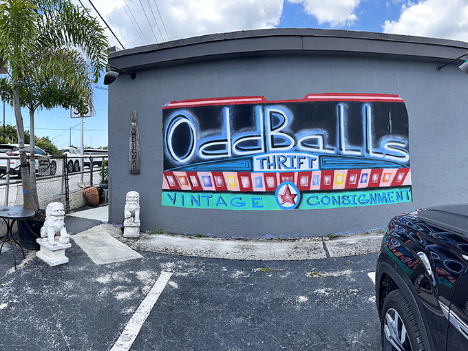The neon-bright exterior of OddBalls announces itself like Vegas for vintage lovers, complete with guardian lion statues standing sentry at the entrance.