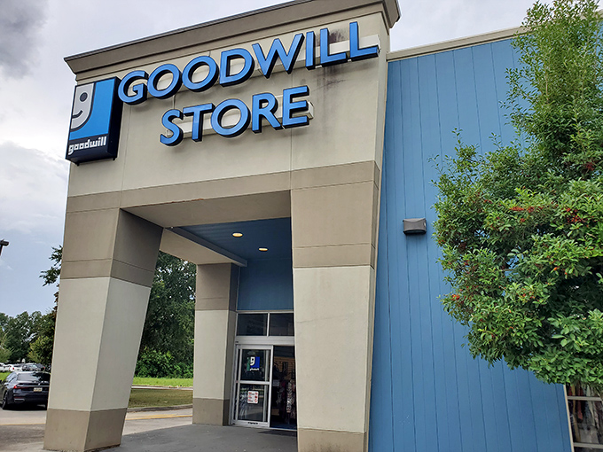 The iconic blue and white facade welcomes bargain hunters like a beacon of secondhand salvation in Baton Rouge.