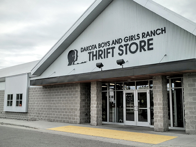 Even on cloudy days, this thrift store beacon shines bright, welcoming bargain hunters with its distinctive peaked roof.