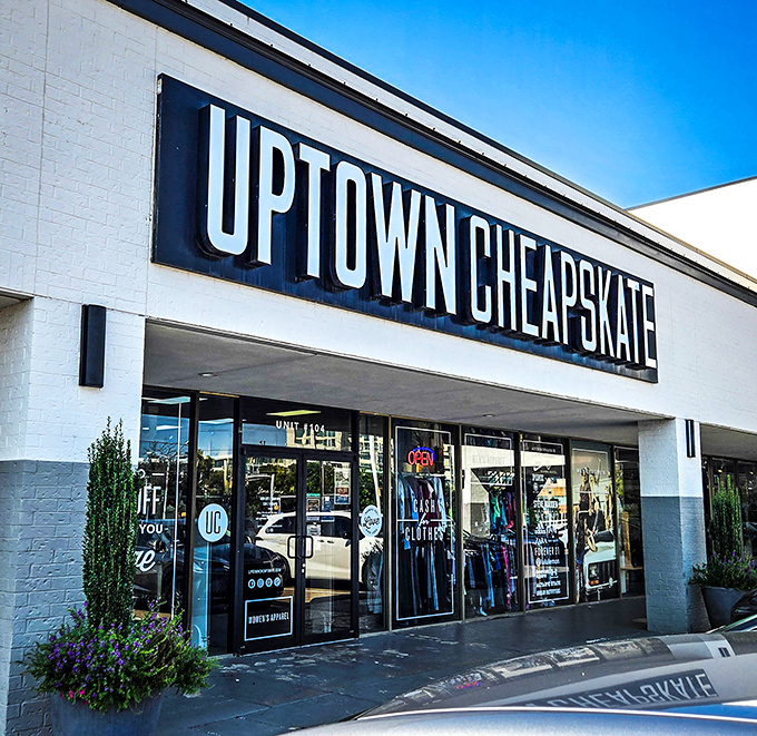 The sleek white exterior of Uptown Cheapskate stands like a beacon of hope for fashionistas on a budget in University Park.