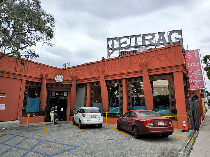 The unmistakable terracotta facade of Jet Rag stands out on La Brea Avenue like a vintage fashion lighthouse beckoning style explorers from miles around.