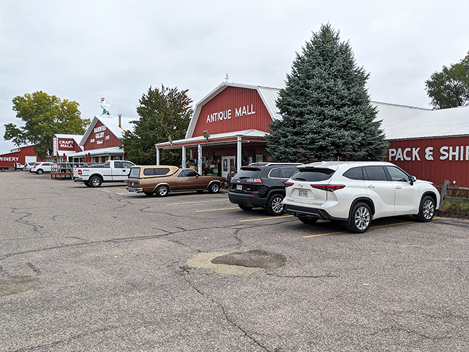 The iconic red barn exterior of Wisconsin Dells Antique Mall stands like a beacon for treasure hunters. Even the majestic blue spruce seems to be guarding vintage secrets inside.