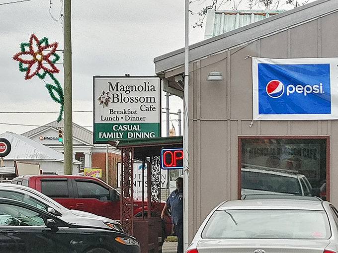 The unassuming exterior of Magnolia Blossom Caf&eacute; proves once again that culinary treasures often hide in plain sight. That neon "OPEN" sign might as well say "PARADISE FOUND." 