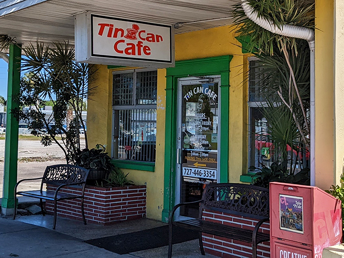The sunshine-yellow exterior of Tin Can Cafe with its emerald green trim isn't just eye-catching&mdash;it's practically screaming "good food happens here!"