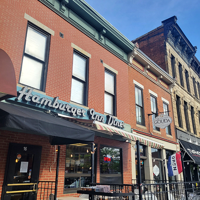The classic brick facade and vintage sign of Hamburger Inn Diner stand as a beacon of breakfast hope on Delaware's Sandusky Street.