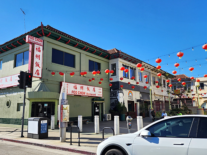 Bathed in California sunshine, Foo-Chow's exterior is a beacon for food lovers. The string of crimson lanterns promises authentic flavors within these mint-green walls.