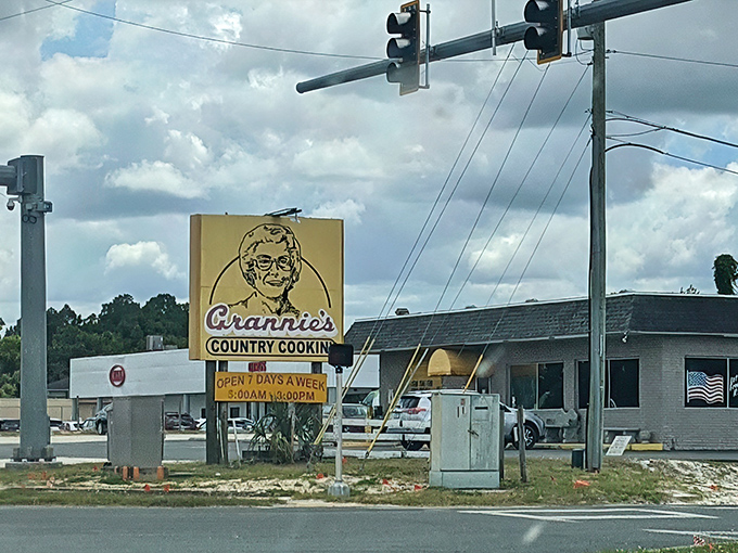 The iconic yellow Grannie's sign welcomes hungry travelers along Highway 19. This unassuming exterior houses breakfast magic that locals line up for daily.