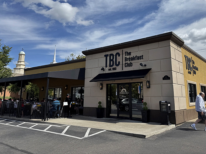 The Breakfast Club's unassuming exterior hides culinary treasures within, like finding a Michelin star in your neighbor's kitchen.