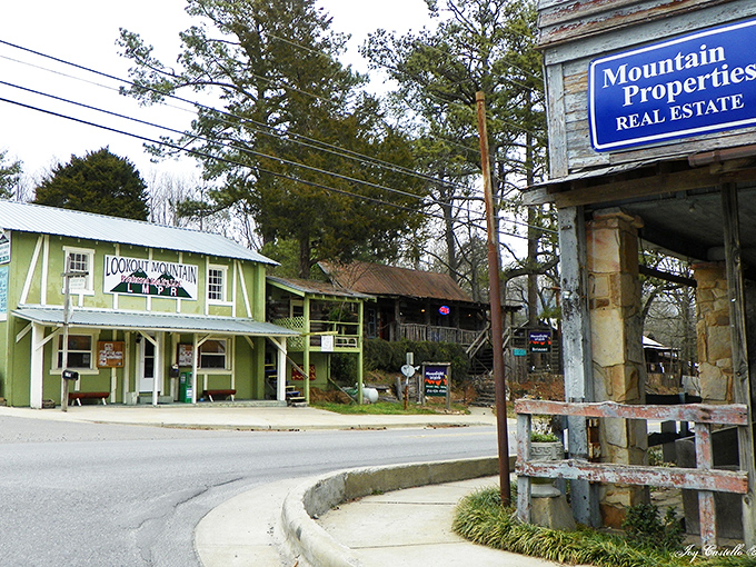 Lookout Mountain Caf&eacute;'s lime-green facade stands as Mentone's colorful welcome committee against the mountain backdrop.