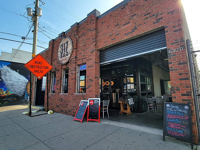 The brick fortress of flavor stands proudly on the Indianapolis street corner, a siren call to barbecue pilgrims navigating the urban landscape.