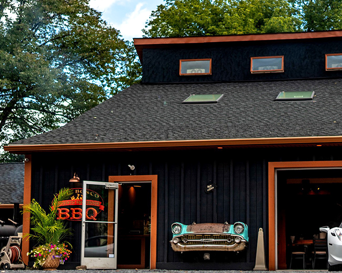 That vintage Chevy front end mounted on the building isn't just decoration&mdash;it's a promise that this place respects the classics, automotive and culinary alike.