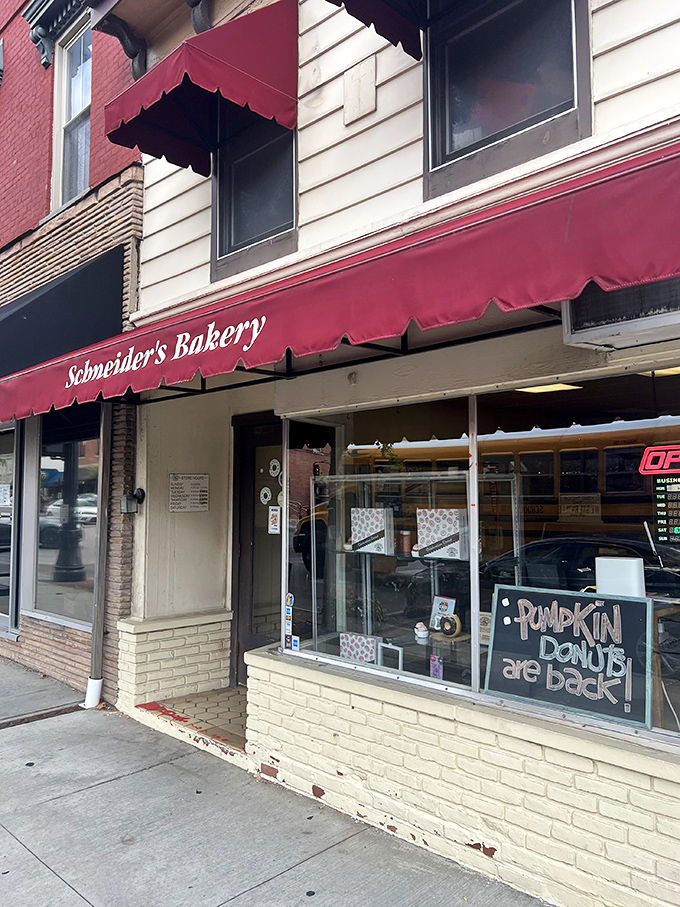 The iconic red awning of Schneider's Bakery stands out on State Street like a beacon calling all donut lovers home to Westerville.