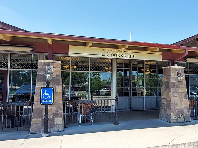 The stone pillars and welcoming entrance of Cook's Cafe stand like sentinels guarding Lincoln's breakfast treasure trove. No password required&mdash;just an appetite.