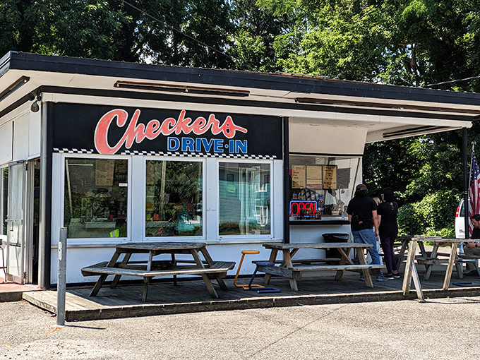 The classic white building with its bold red "Checkers" sign stands as a beacon of burger perfection in Perry, Ohio. Simplicity never looked so appetizing.