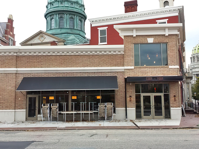 The historic charm of downtown Harrisburg provides the perfect backdrop for Cork & Fork's inviting brick façade. Dinner with a view of the Capitol dome? Yes, please!