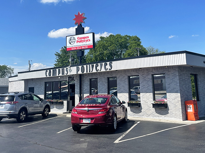 The unassuming exterior of Campus Pollyeyes hides culinary treasures within. Like finding a cheese-filled oasis in the Bowling Green desert.