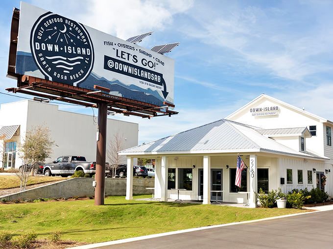 The pristine white exterior of Down Island stands like a culinary lighthouse beckoning seafood lovers to the shores of Santa Rosa Beach.