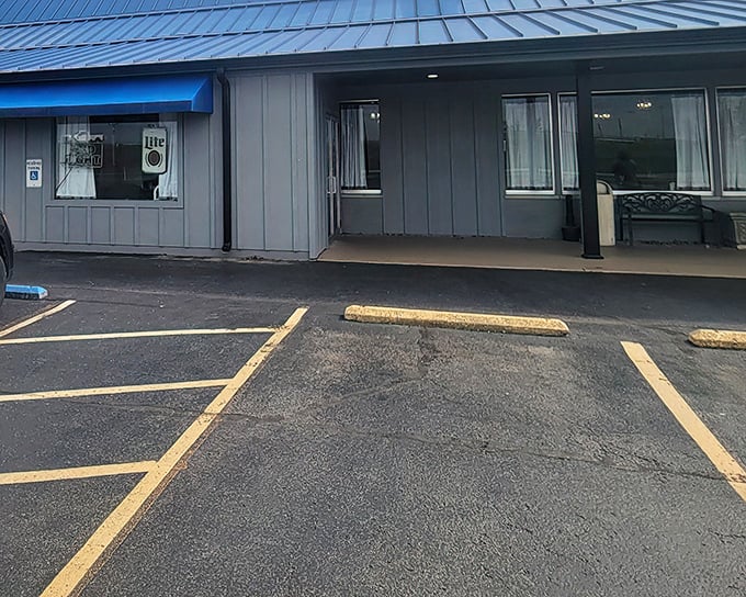 Another angle of culinary promise. That blue trim isn't just decoration&mdash;it's a beacon for hungry travelers who know that roadside gems rarely advertise their greatness.