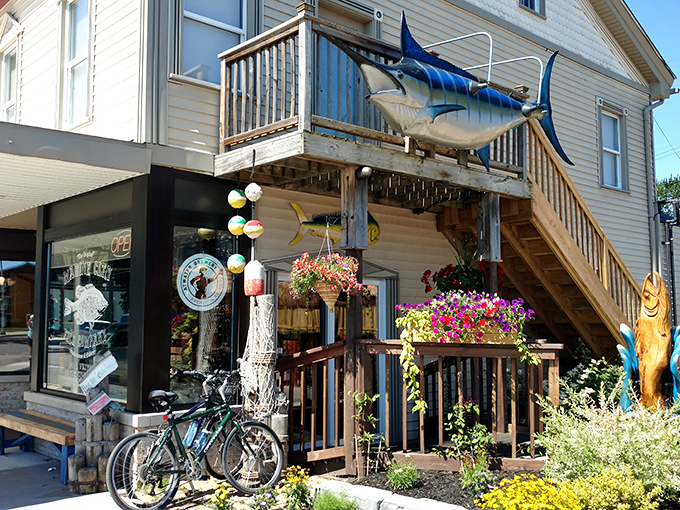 That marlin isn't just decoration—it's a maritime welcome committee announcing you've found seafood nirvana in the heart of Michigan.