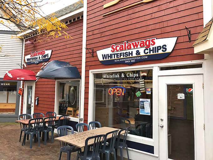 The bright red exterior of Scalawags stands like a beacon for seafood lovers, promising simple pleasures that deliver big on flavor. A true Michigan treasure hiding in plain sight.